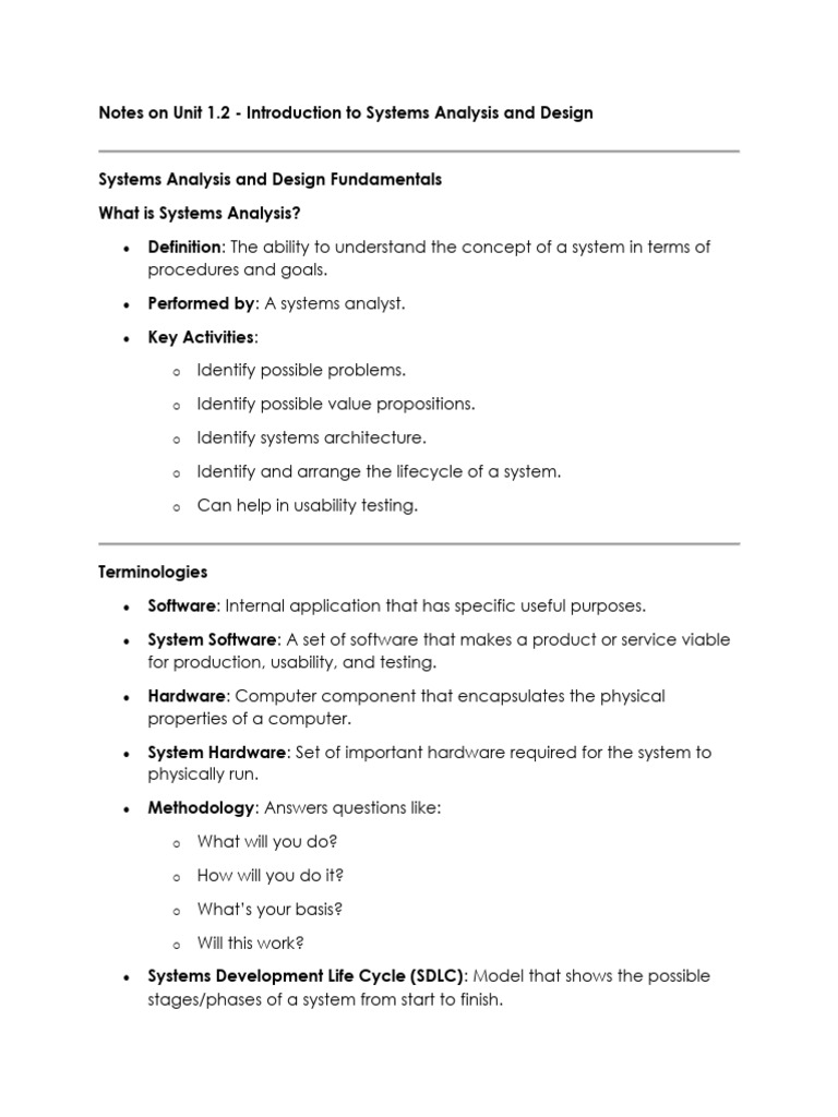 Unit 1.2 - Introduction To Systems Analysis and Design Notes | PDF ...