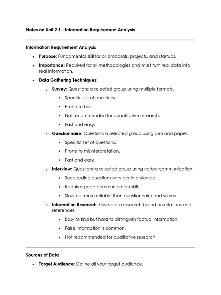 Unit 2.1 - Information Requirement Analysis | PDF | Survey Methodology | Methodology