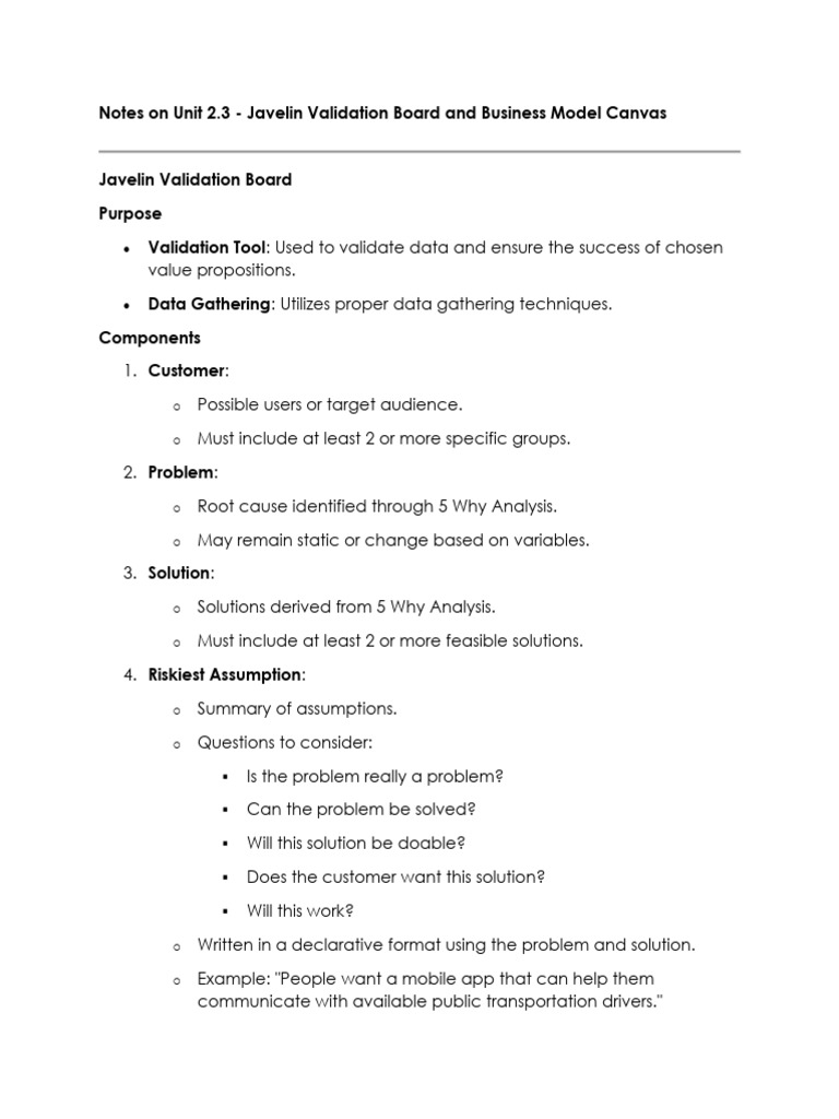 Unit 2.3 - Javelin Validation Board and Business Model Canvas | PDF | Business Model | Questionnaire