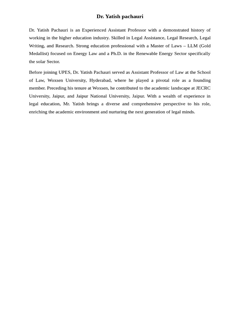 Brief Introduction - Dr. Yatish Pachauri | PDF