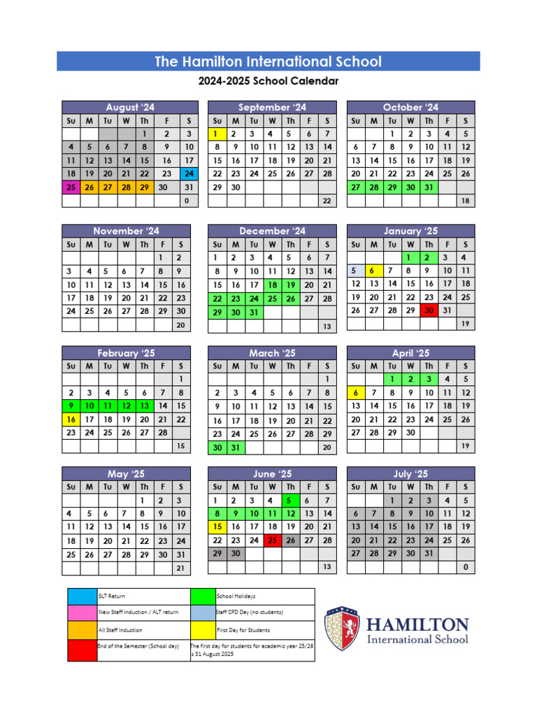 Hamilton International School Calendar 2024-25 | PDF | Educational ...