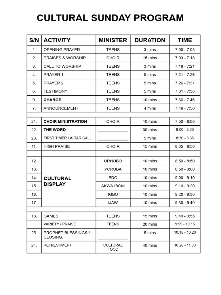 Cultural Sunday Service Schedule | PDF