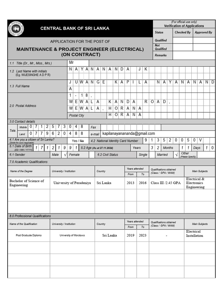 Careers HRD 20241106 Post of Maintenance and Project Engineer Electrical Application Form e ...