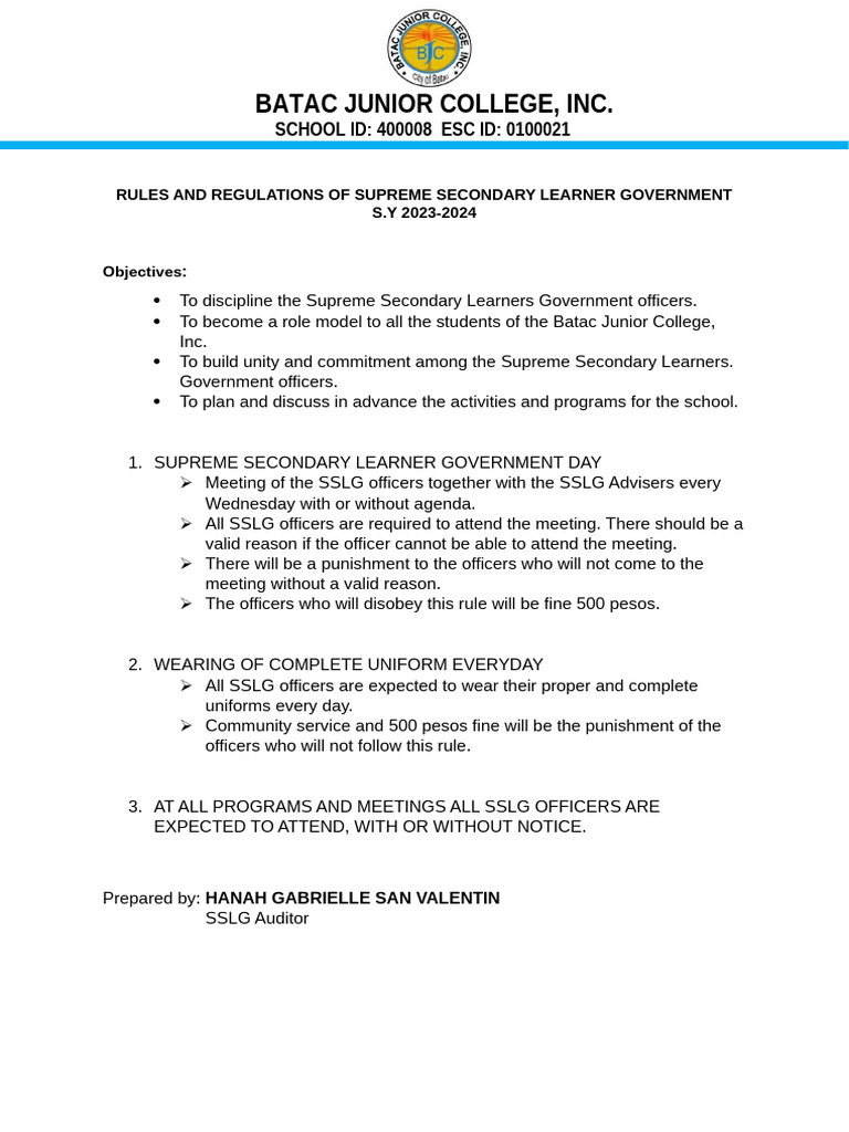 SSLG Rules and Regulations | PDF