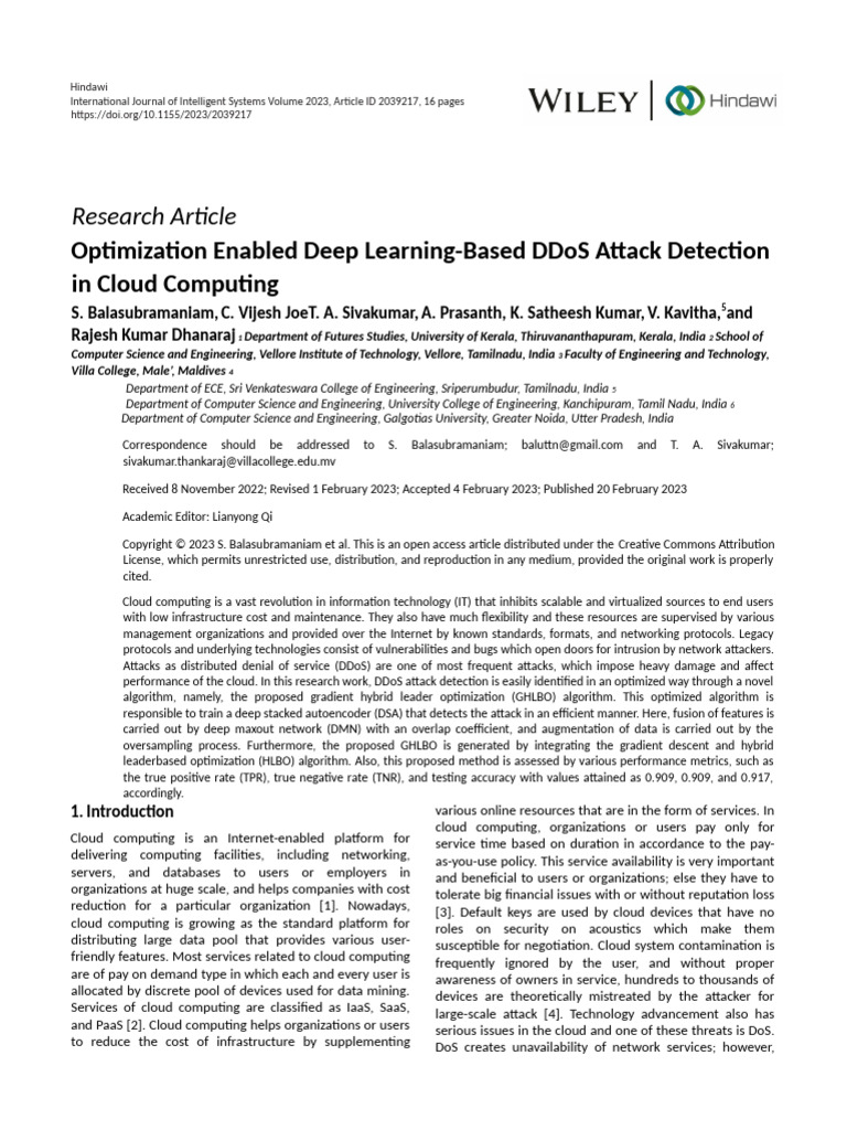 Optimization Enabled Deep Learning-Based DDoS Attack Detection in Cloud Computing | PDF | Cloud ...