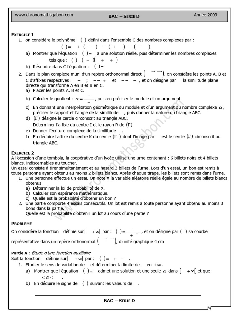 Sujet Bac 2003 Maths Série D | PDF | Nombre complexe | Fonction ...