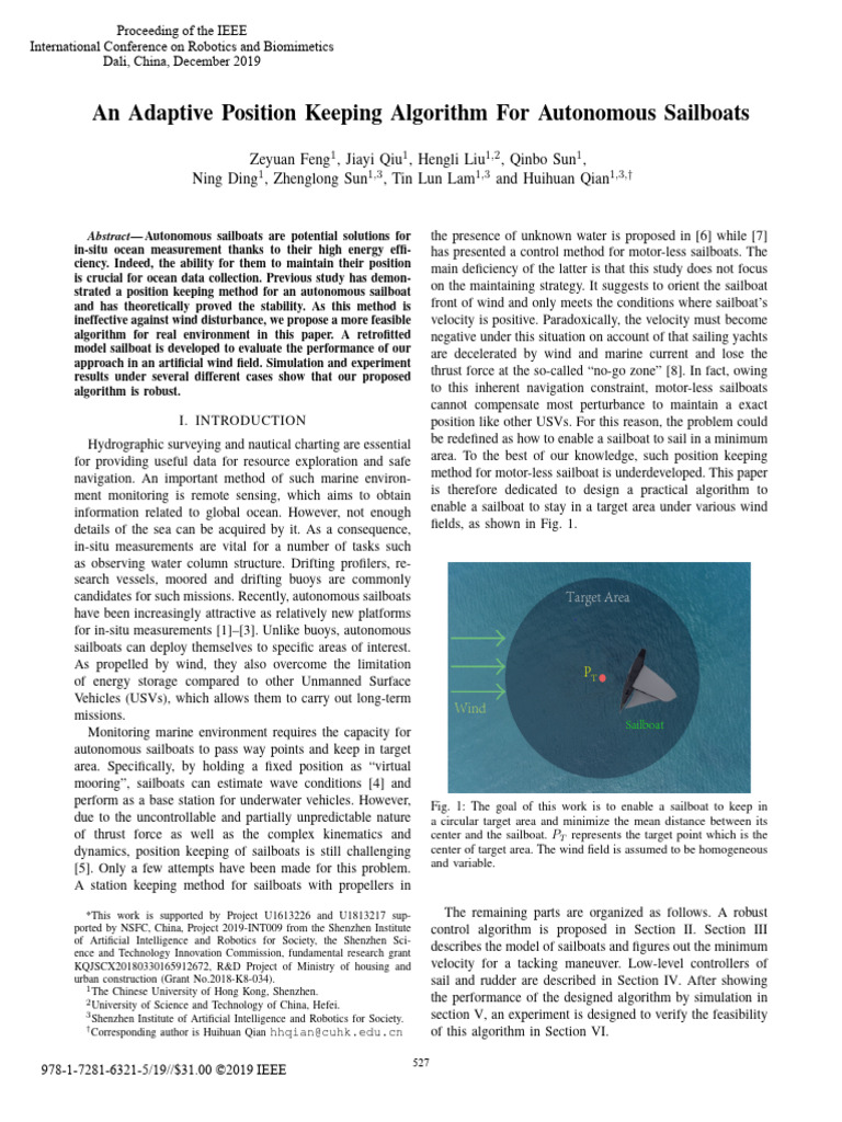 An Adaptive Position Keeping Algorithm For Autonomous Sailboats | PDF | Robotics | Force