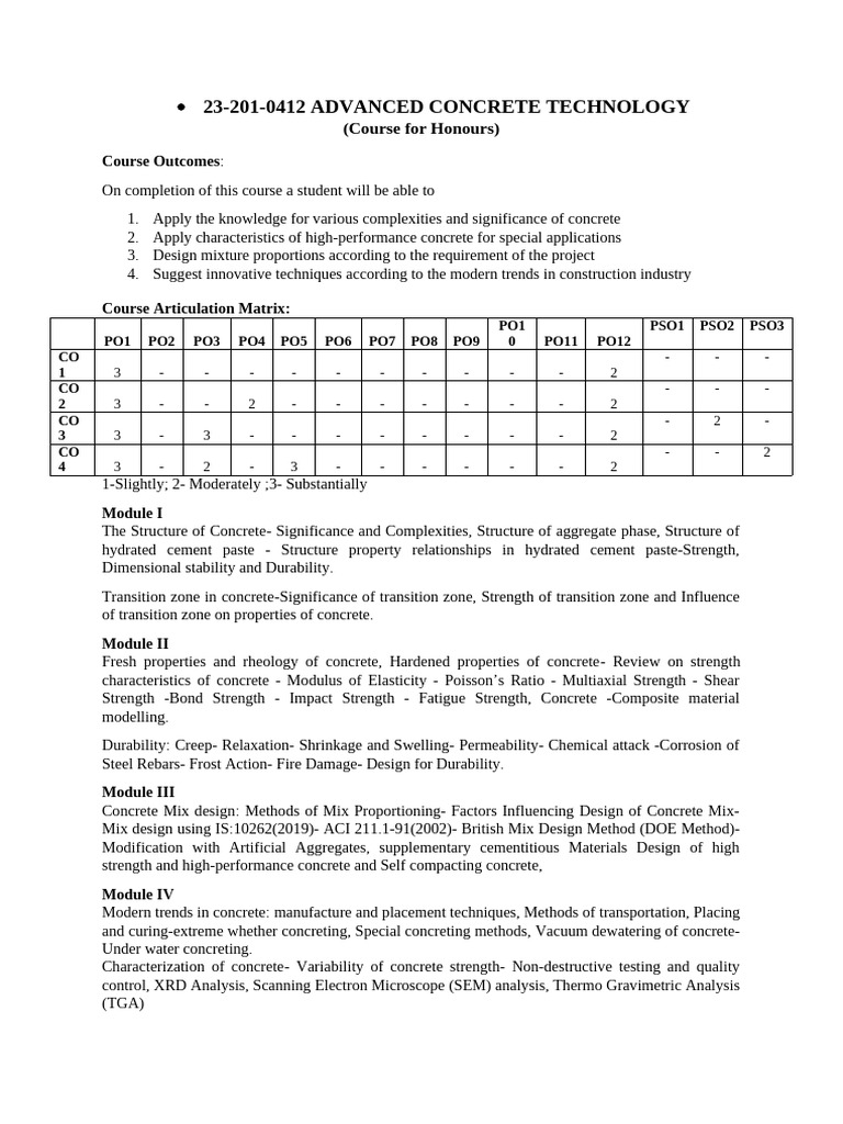 Advance Concrete Technology Syllabus | PDF | Concrete | Building Materials