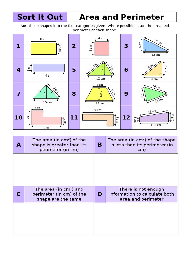Area and Perimeter of 2D Shapes Sort It Out | PDF