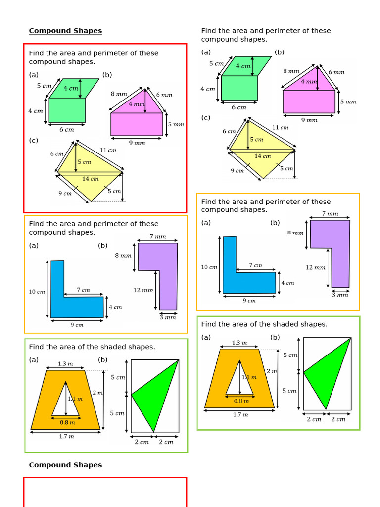 Area and Perimeter of Compound Shapes Practice Strips | PDF