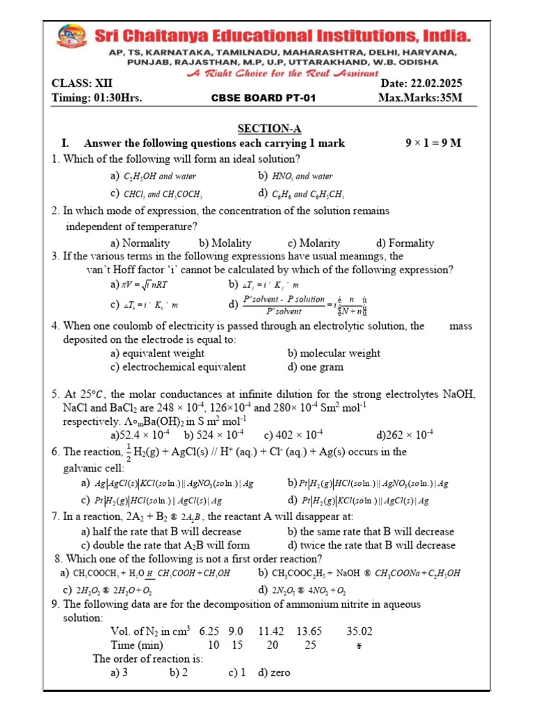 22-02-2025 - CALSS-XII - CBSE BOARD PART TEST-01 Q.Paper | PDF ...