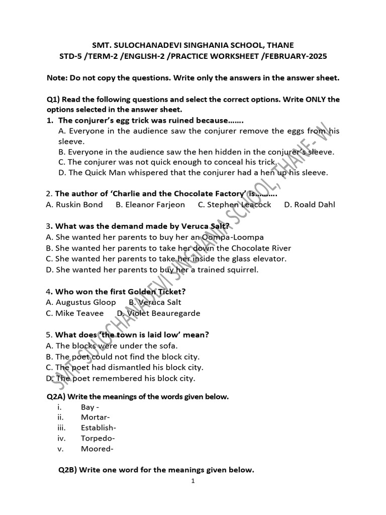 English Practice Worksheet STD-5 | PDF