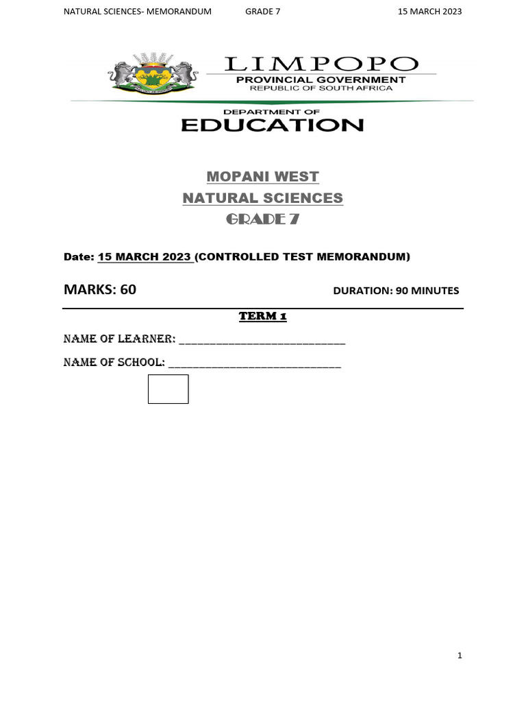 Grade 7 Natural Sciences Term 1 Test Memorandum-1 2 | PDF | Plants ...