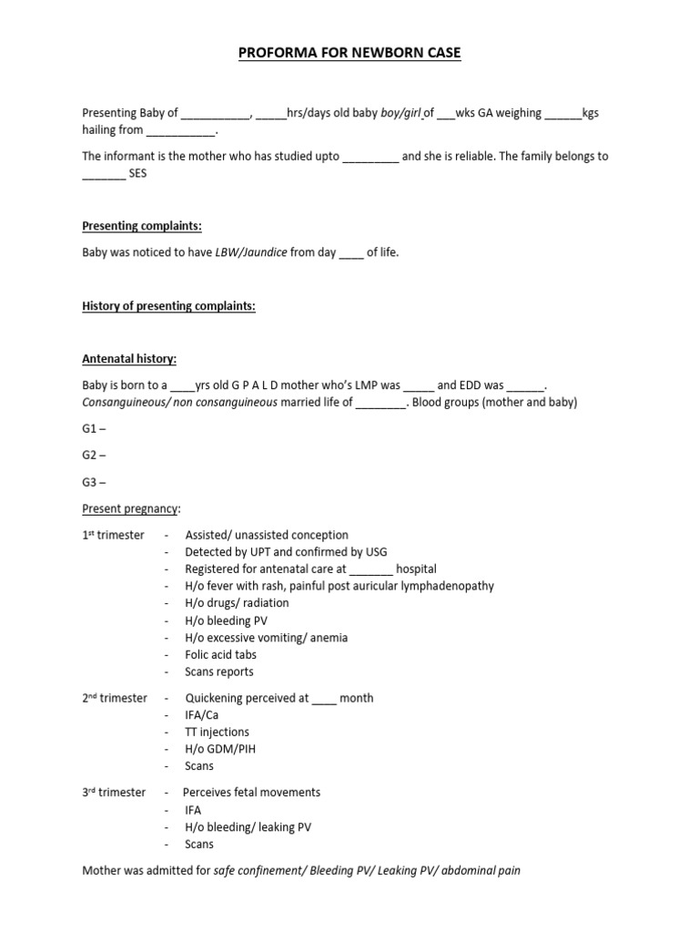 proforma newborn case | PDF | Pregnancy | Medical Specialties