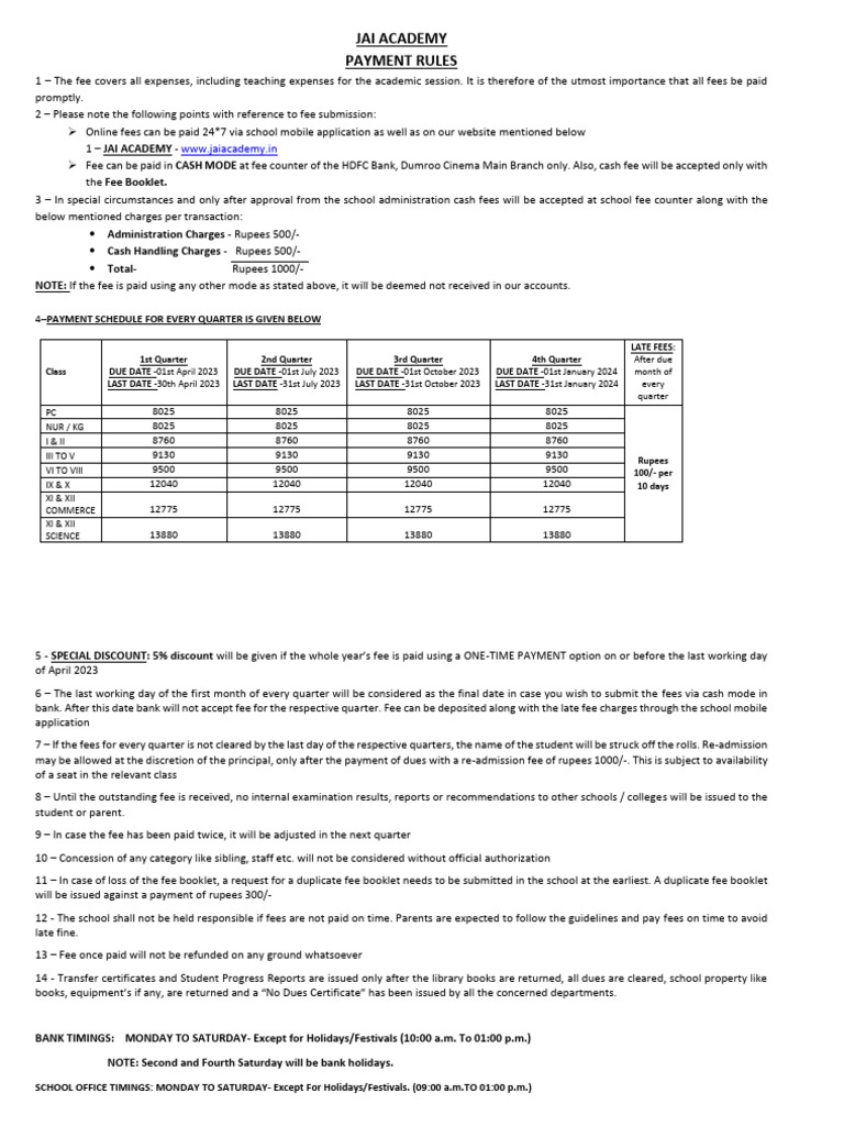 Jai Academy - Payment Rules - 2023 - 2024 - 010323 - Final | PDF | Fee | Cash