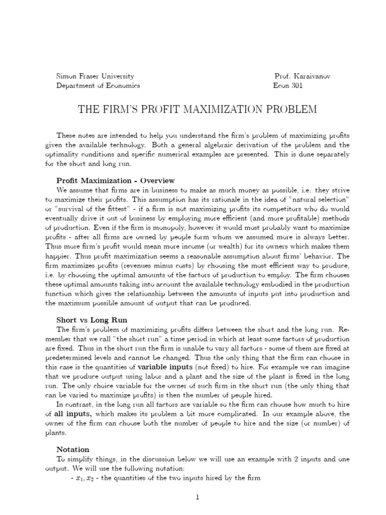 Prof Max | PDF | Profit (Economics) | Production Function