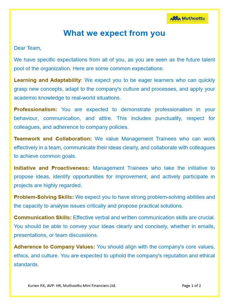 Expectations From Management Trainees As Freshers | PDF | Learning | Skill