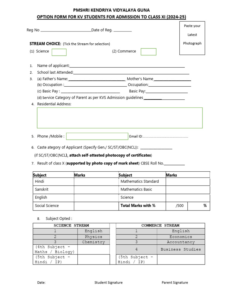 Registration Form For Class XI 2024-25 | PDF