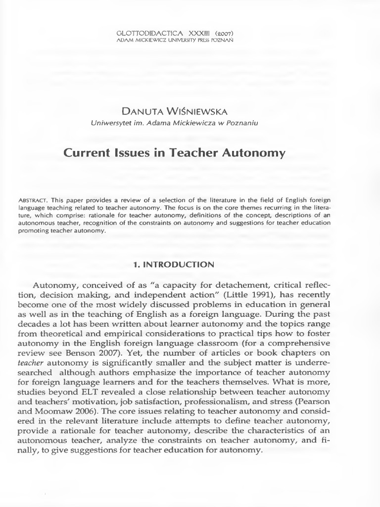 Teacher autonomy by DANUTA+WISNIEWSKA+Issues+in+Teacher+Autonomy | PDF