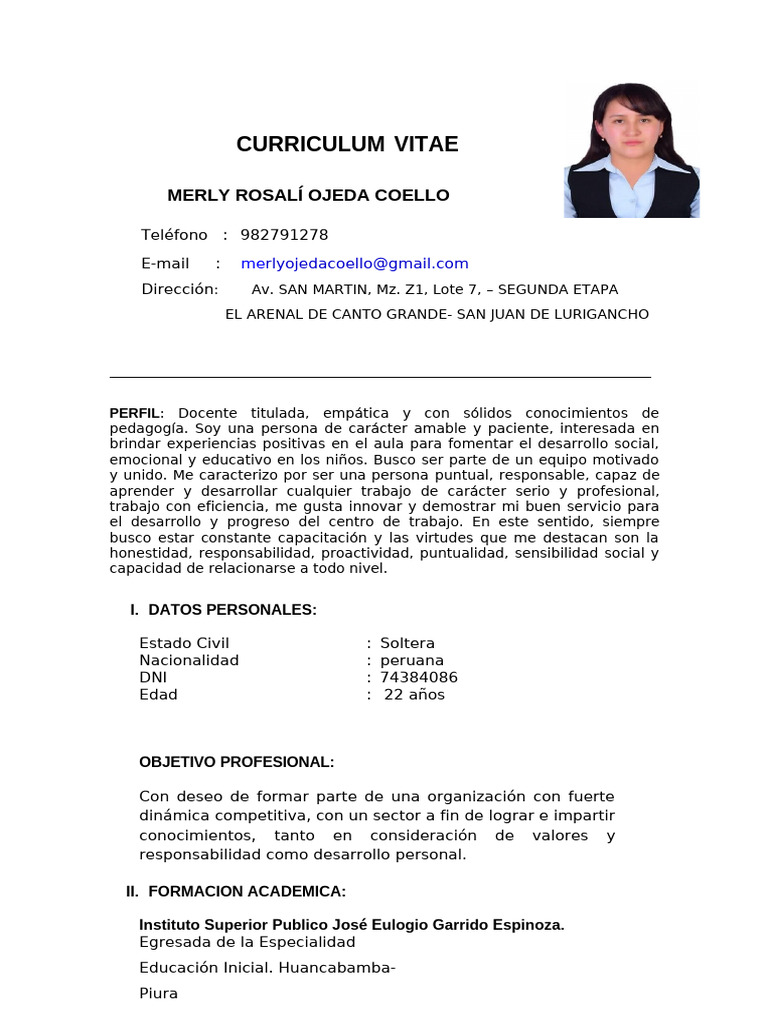 CV Merly Rosalí Ojeda Coello Lima | PDF | Aprendizaje