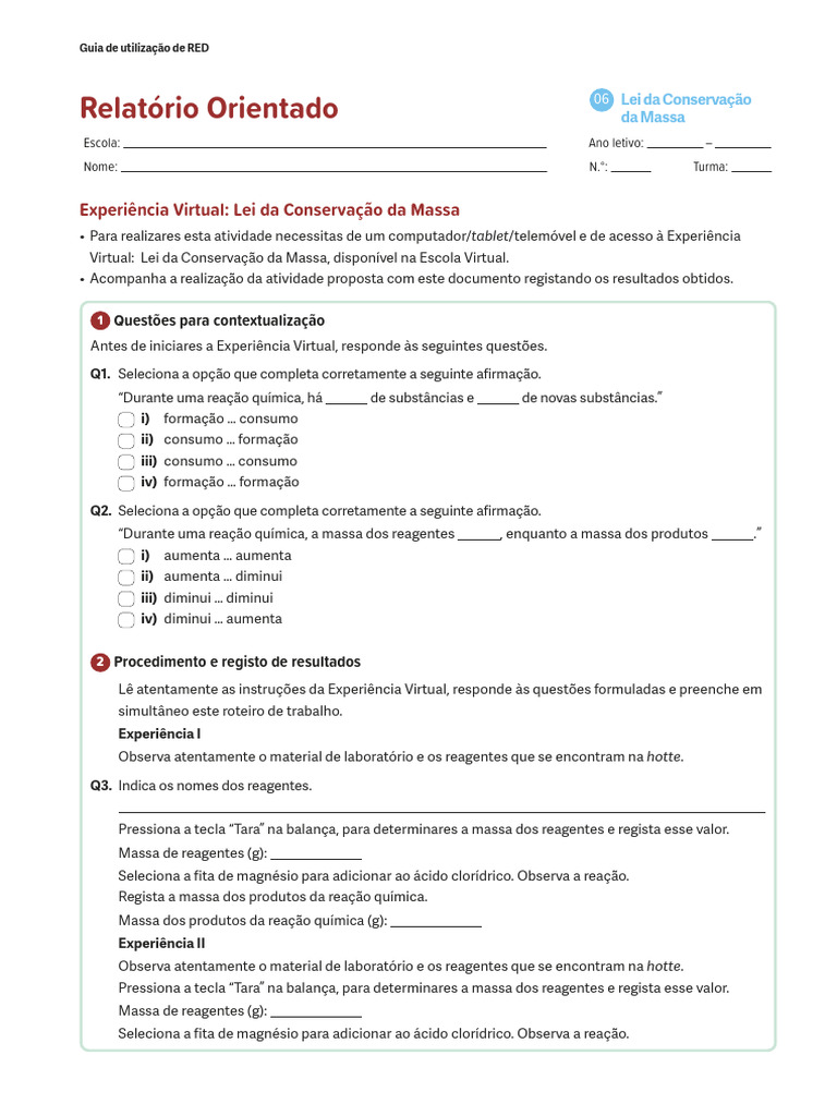 Exp8 Relatorio Orient Exp Virtual Lei Conservacao Massa | PDF | Reações ...