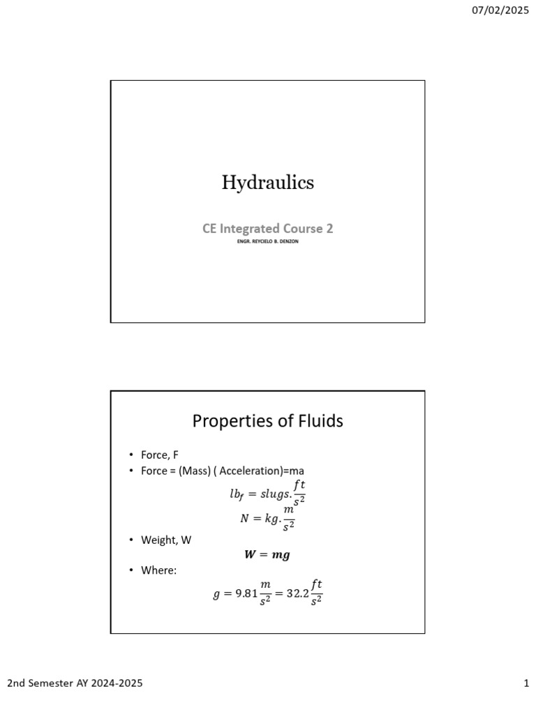 Fluid Properties and Hydraulics Overview | PDF | Pressure | Density