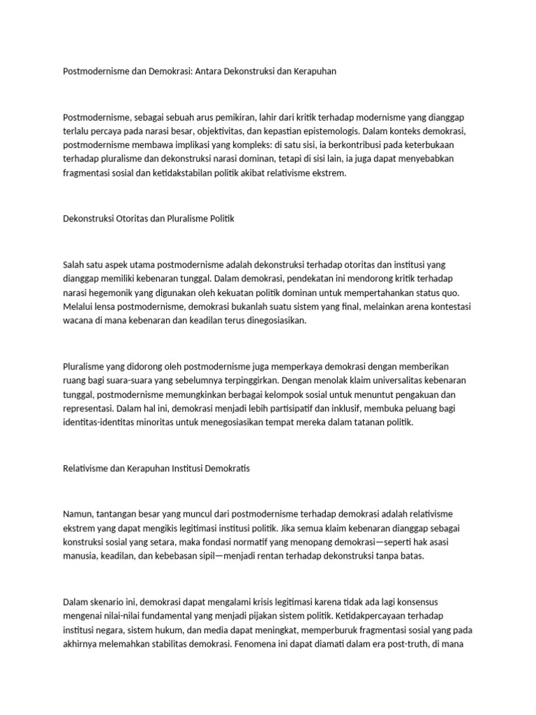 Postmodernisme Dan Demokrasi | PDF