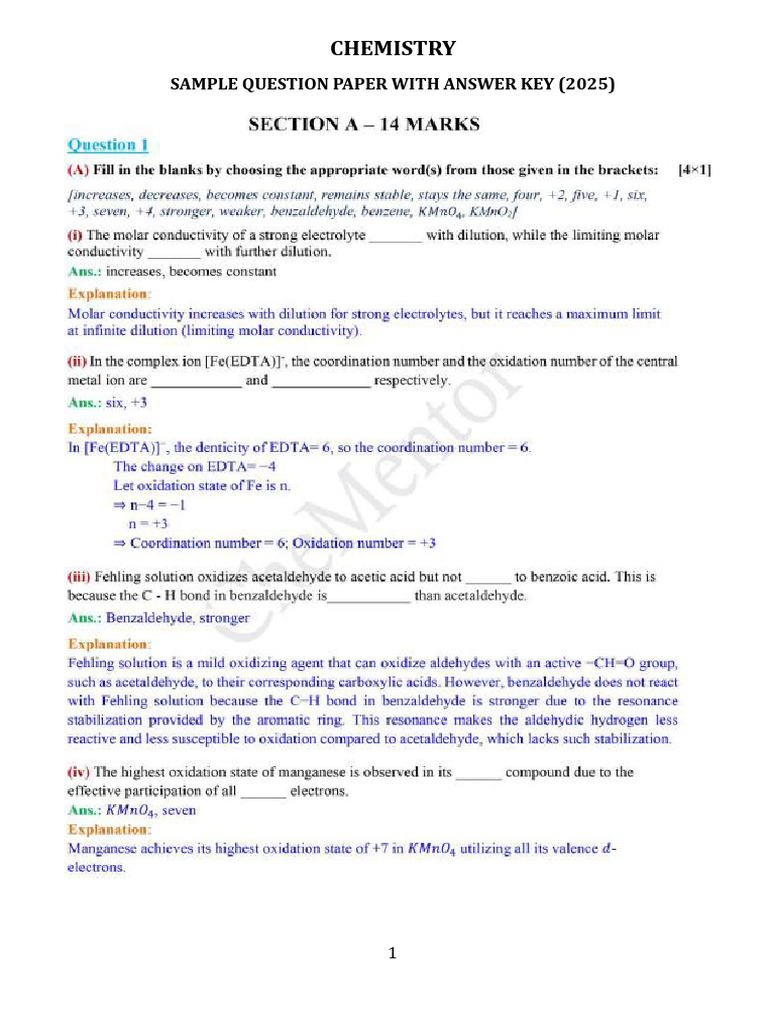 CHEMISTRY SAMPLE QUESTION PAPER WITH ANSWER KEY | PDF