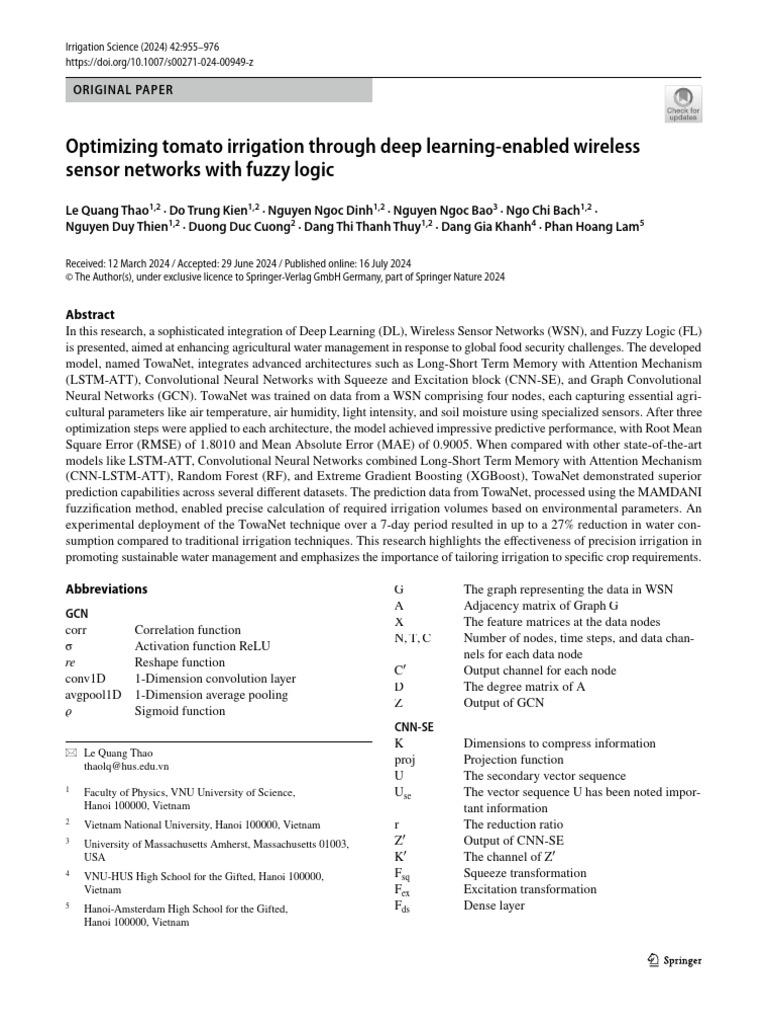 Optimizing Tomato Irrigation Through Deep Learning Enabled Wireless Sensor Networks With Fuzzy ...
