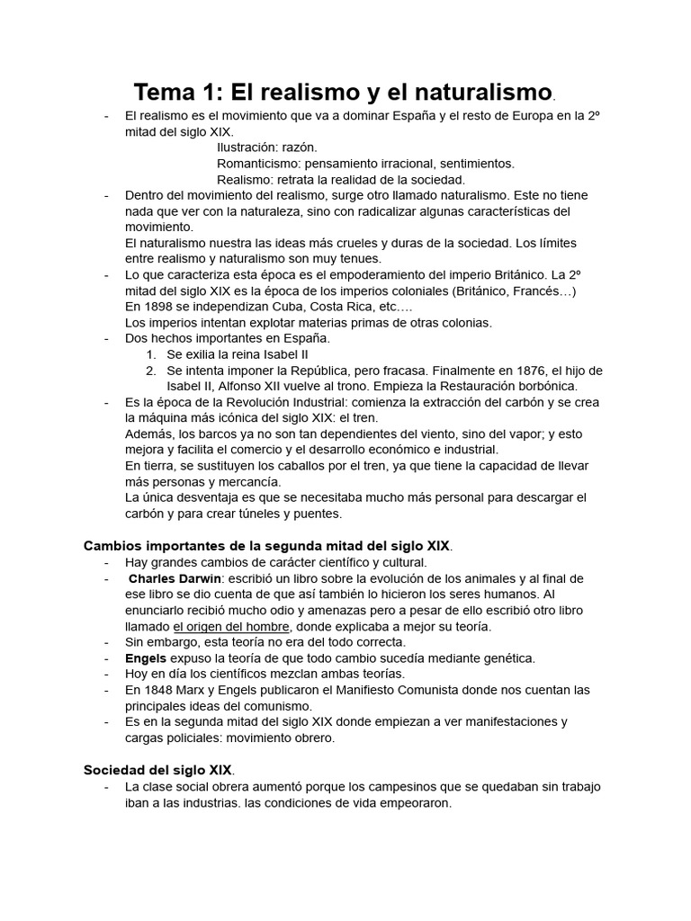 Tema 1 El realismo y el naturalismo | PDF | Realismo literario | Novelas