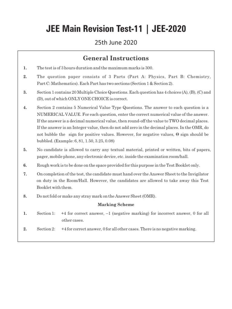 JEE Main Revision Test 11 Guidelines | PDF