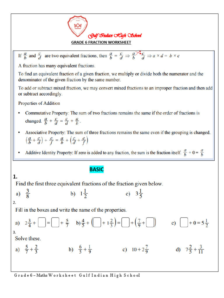 Grade 6 Math Worksheets - Fractions, Integers, Data Handling, Algebra | PDF | Area | Percentage