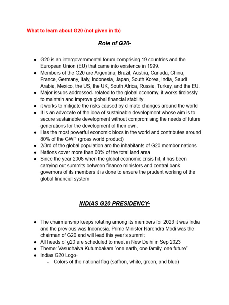 G20 notes class 10 | PDF | International Relations | Economies