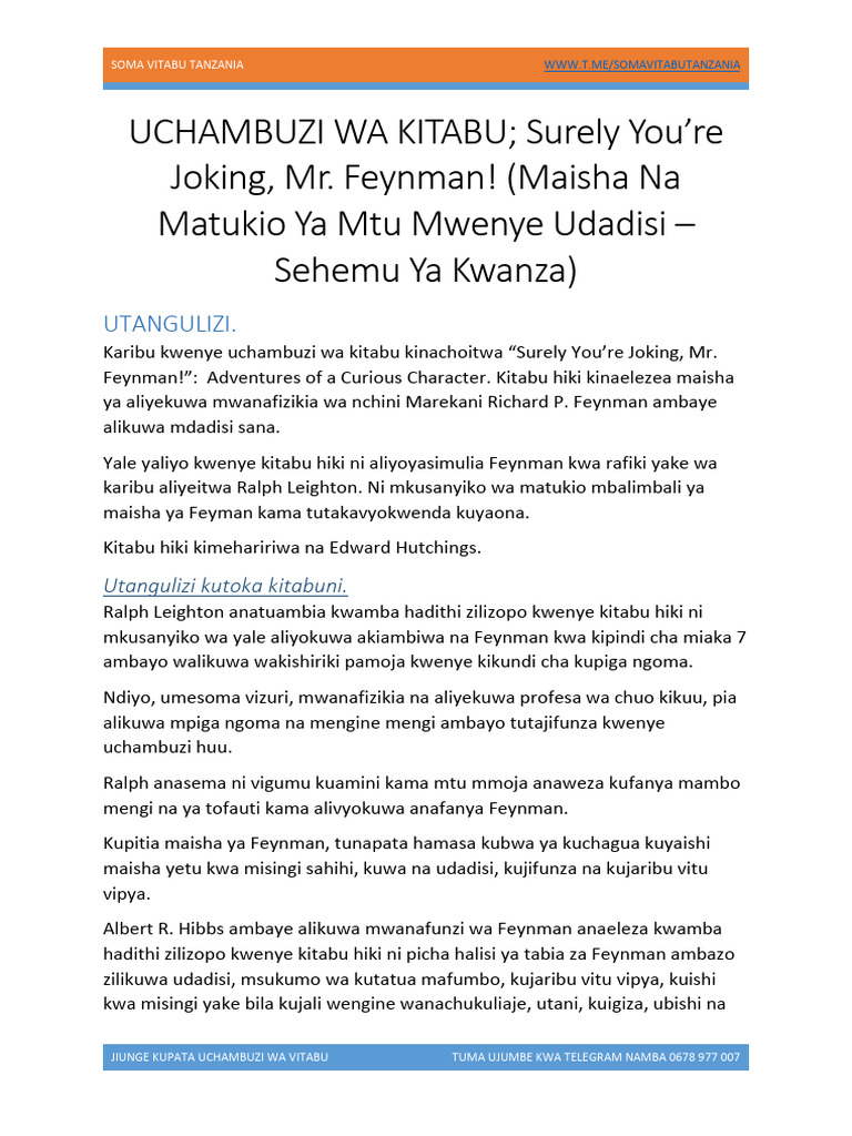 Maisha Na Matukio Ya Mtu Mwenye Udadisi 01 | PDF