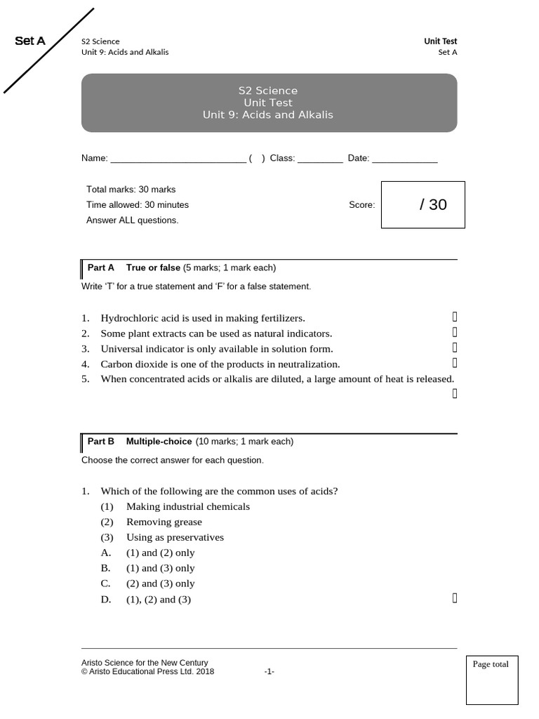 Acids and Alkalis Unit Test | PDF | Acid | Hydroxide