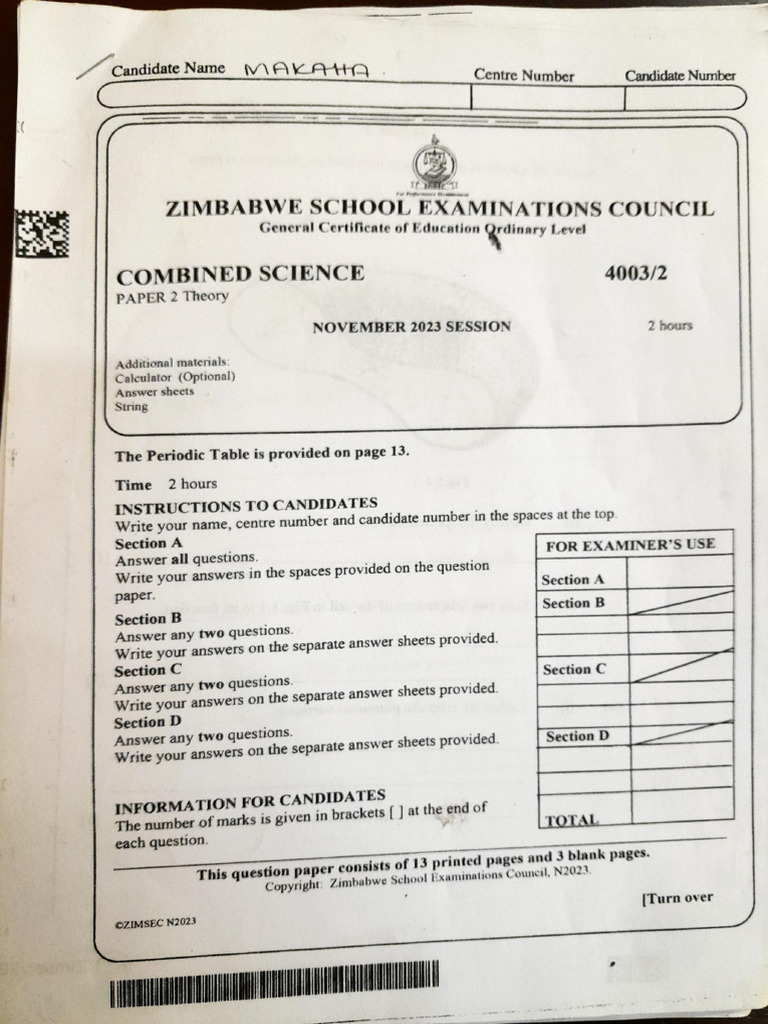 Zimsec Combined Science N2023 p2 | PDF