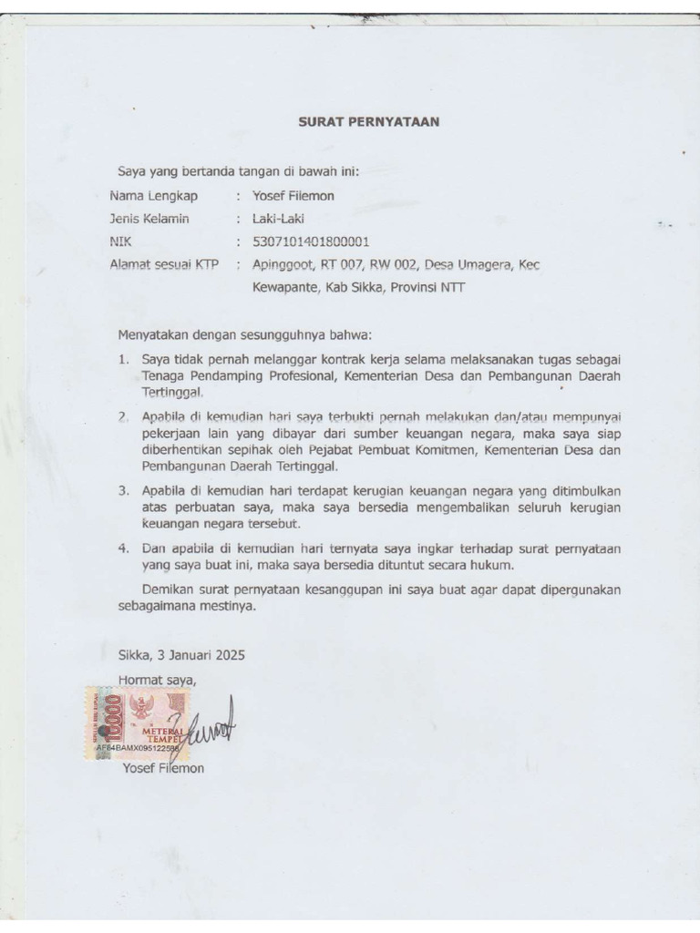 49 - 525 - Yosef Filemon - Surat Pernyataan Tidak Memiliki Pekerjaan ...