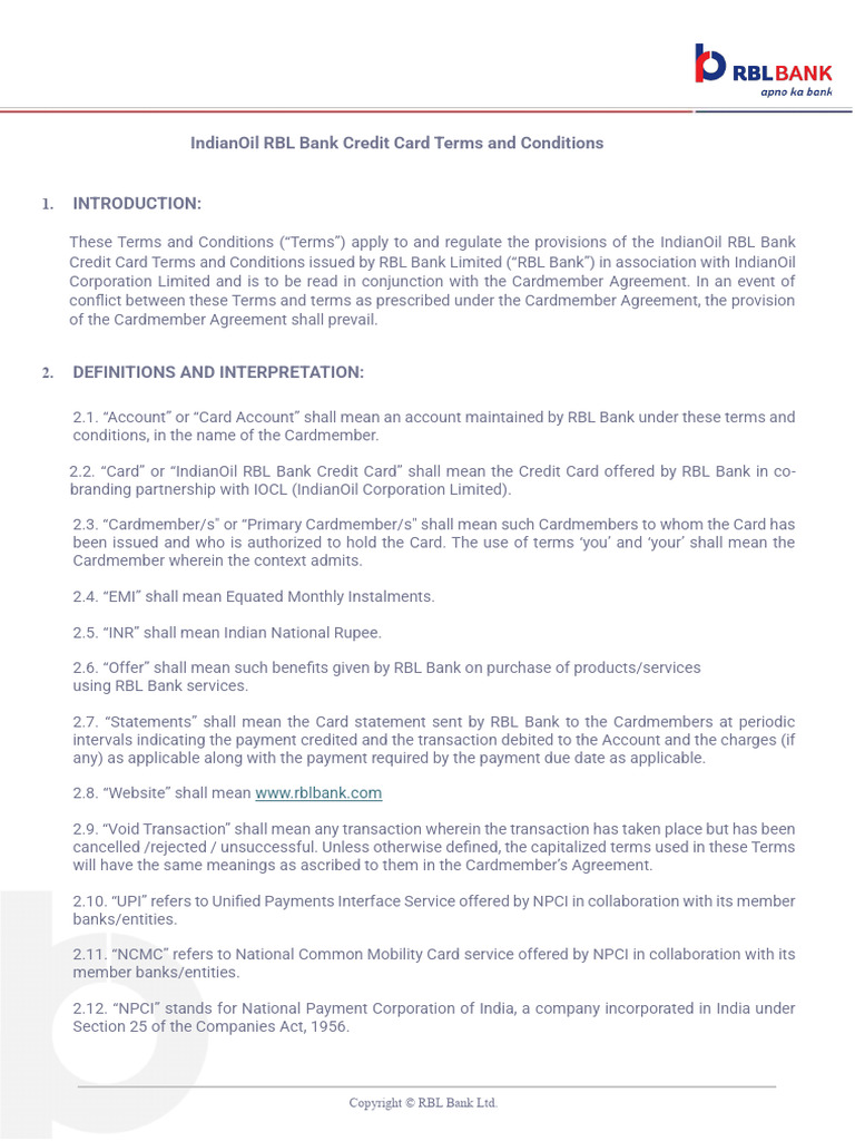 TNC Indianoil RBL Bank Credit Card | PDF | Credit Card | Banks