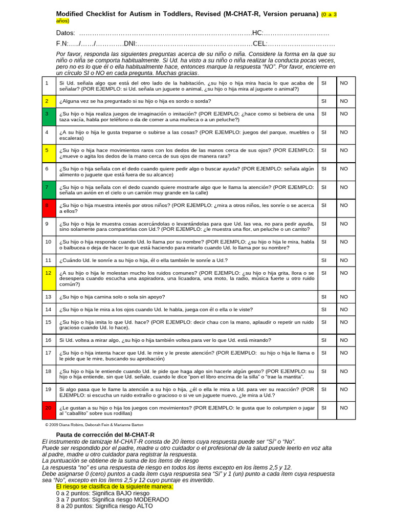 Modified Checklist For Autism in Toddlers, Revised (M-CHAT-R, Version ...