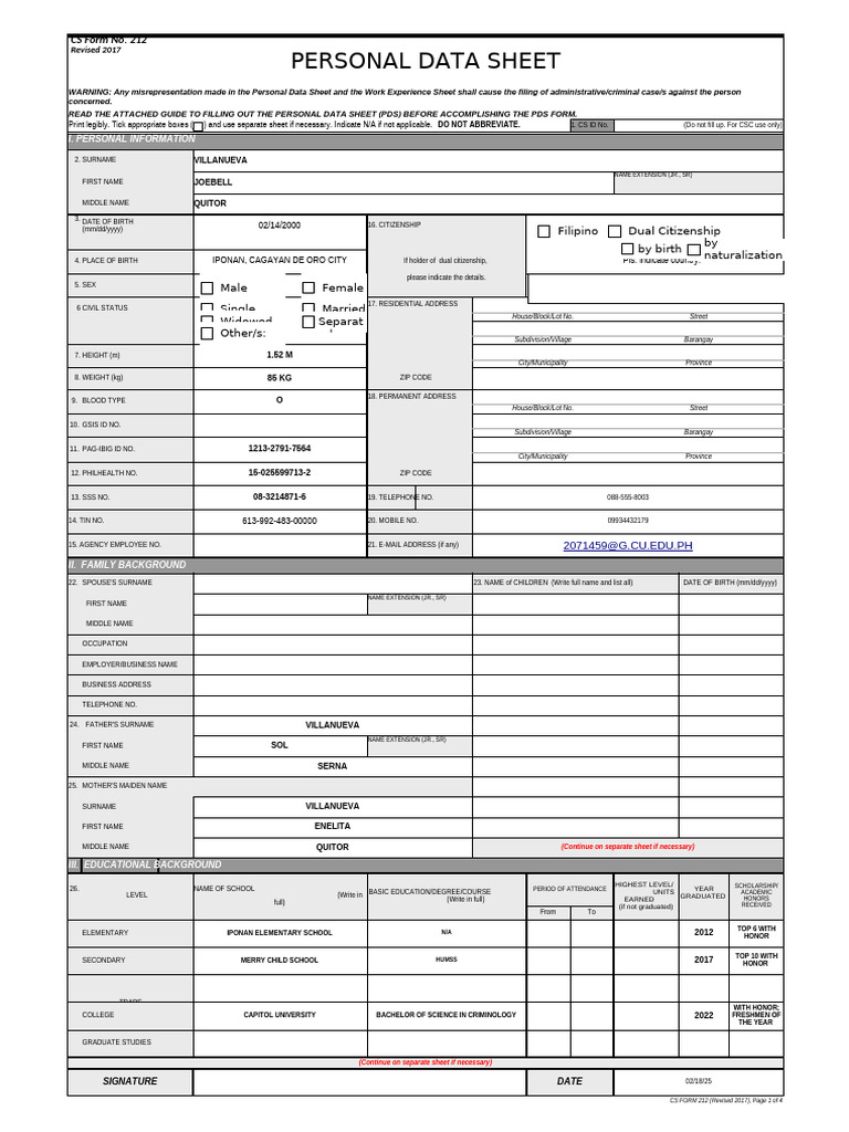 CS Form No. 212 Personal Data Sheet Revised | PDF | Government | Justice