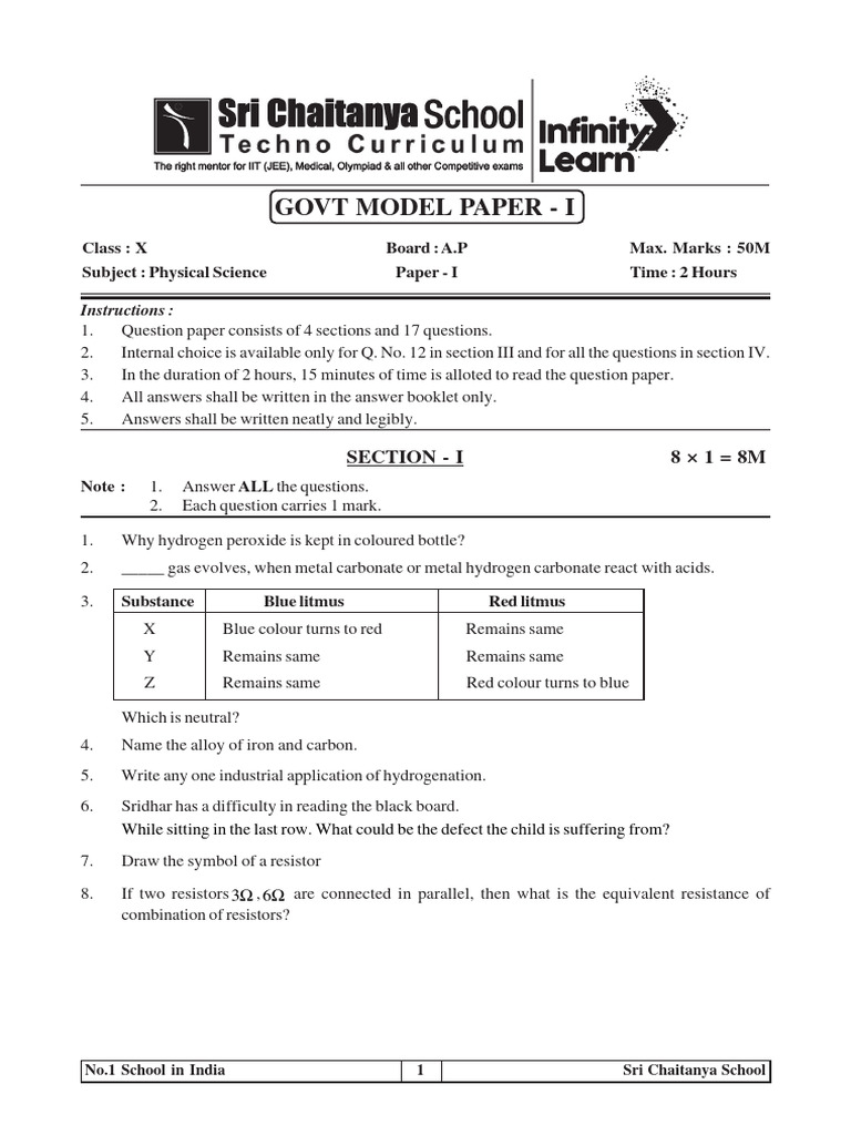 AP X Govt Physical Science Paper - 1 | PDF | Myopia | Physical Sciences