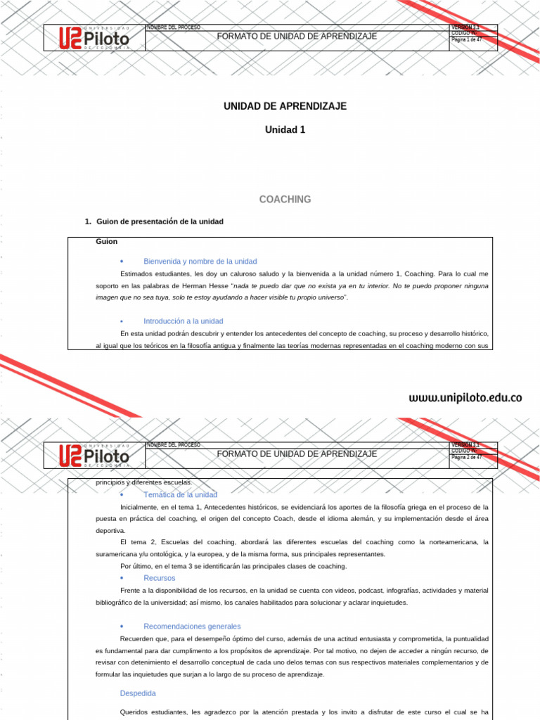 3. Formato de Unidad de Aprendizaje 1_Coaching_17!05!23 | PDF | Desarrollo personal | Aprendizaje