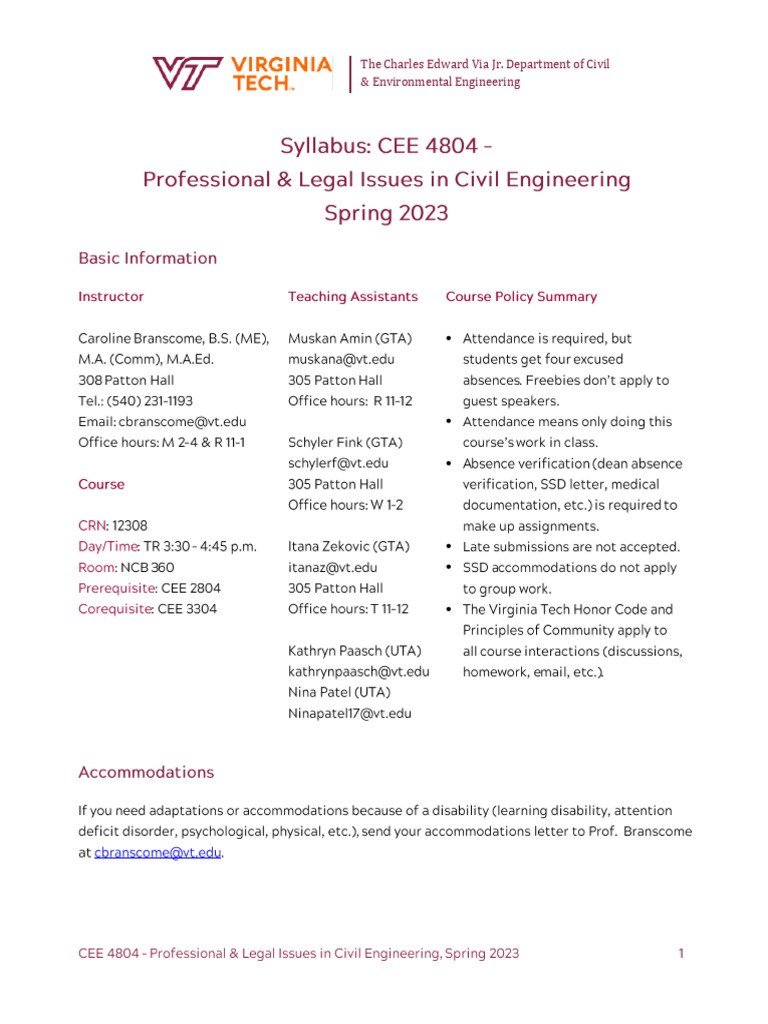 CEE 4804 Syllabus: Legal Issues in Engineering | PDF