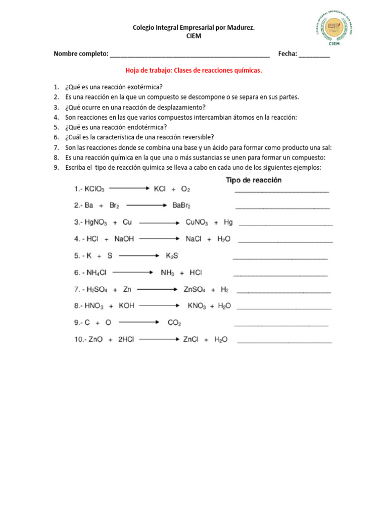 Hoja de Trabajo Clases de Reacciones Químicas II-1 - 282606 | PDF
