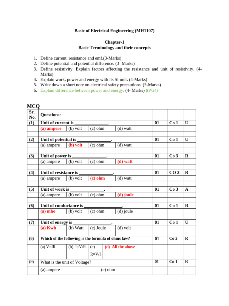 Ut 1 de Bee Imp Question | PDF | Volt | Physical Quantities