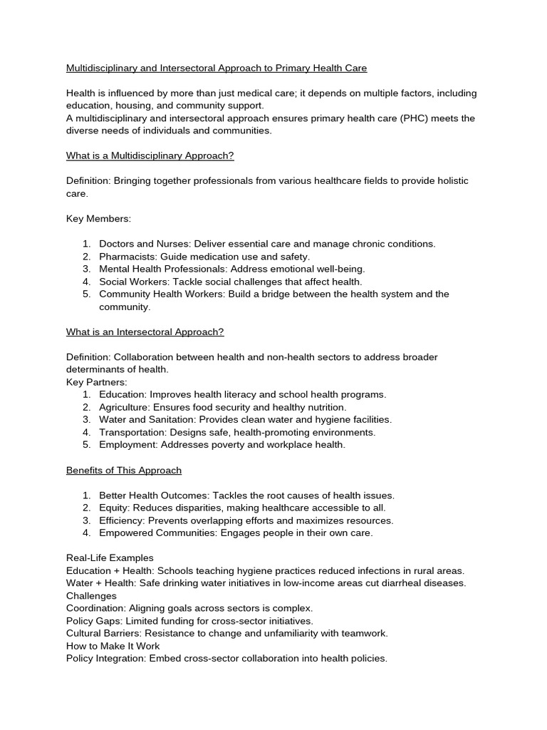 Multidisciplinary and Intersectoral Approach To Primary Health Care ...