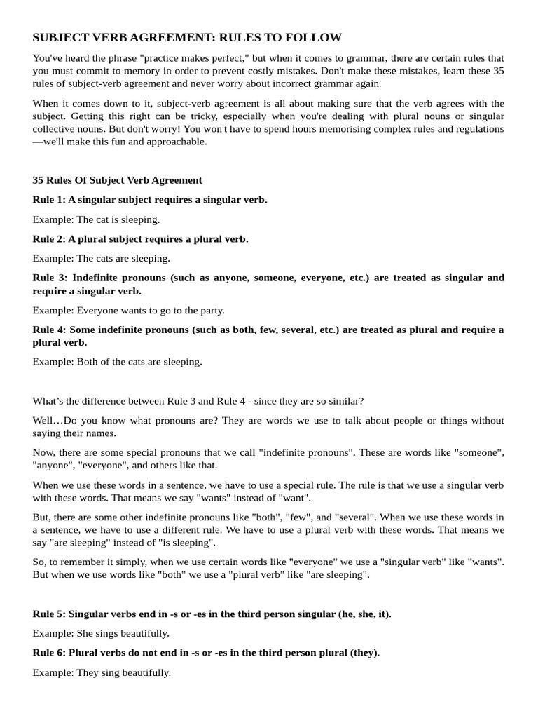 Subject-Verb Agreement: 35 Essential Rules | PDF | Plural | Grammatical ...