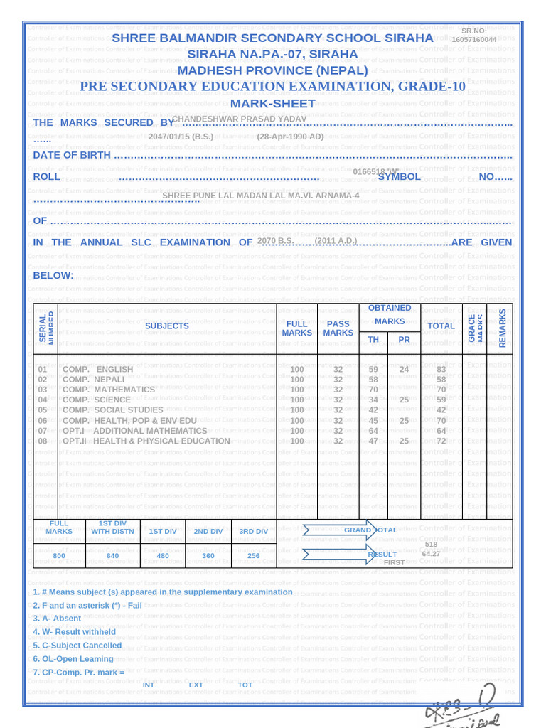 Grade 10 Mark Sheet - Shree Balmandir | PDF