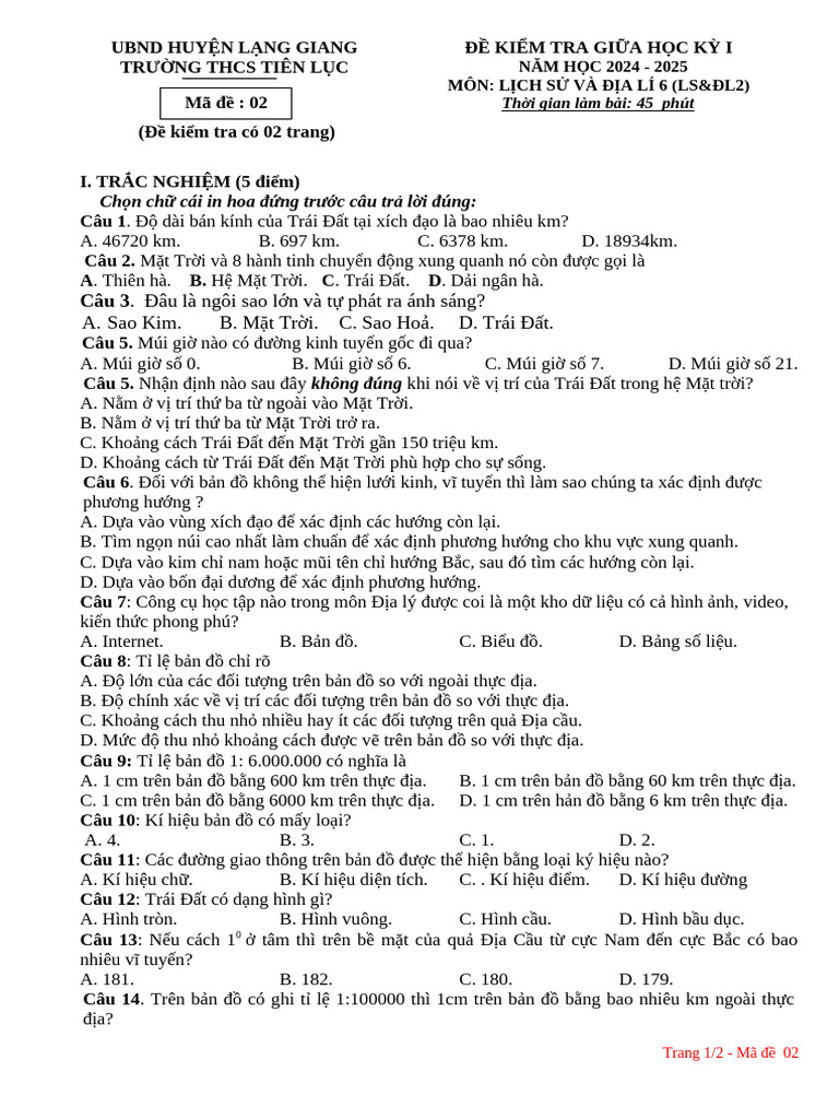 Đề - Lịch sử và Địa lí 6 -GIỮA KÌ 1 - Mã 02 | PDF
