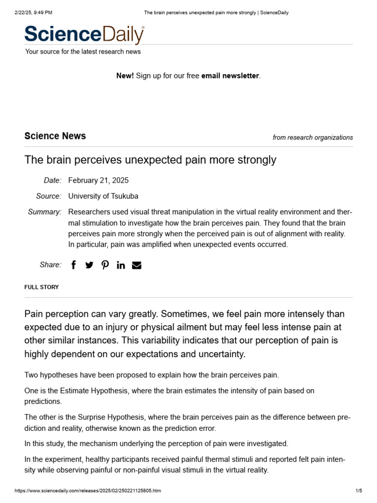 The Brain Perceives Unexpected Pain More Strongly - ScienceDaily | PDF ...